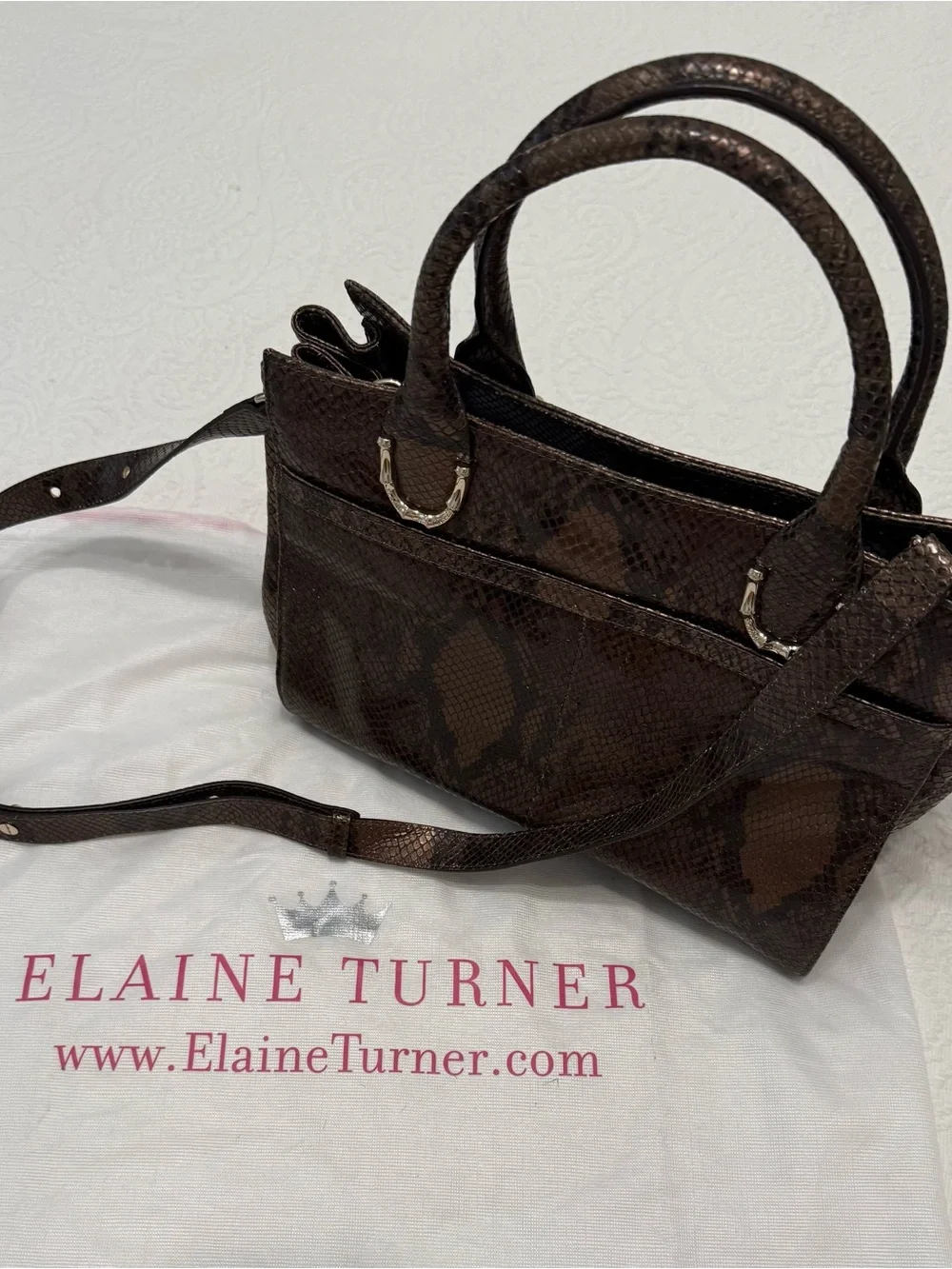 Elaine Turner | Bags | Elaine Turner Dark Brown Pythonembossed Shoulder ...